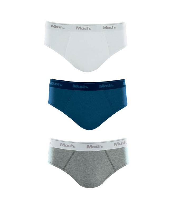 Kit 3 Cuecas Slip 100% Algodão Mash - Branco/Azul/Cinza :: lingerie.com.br